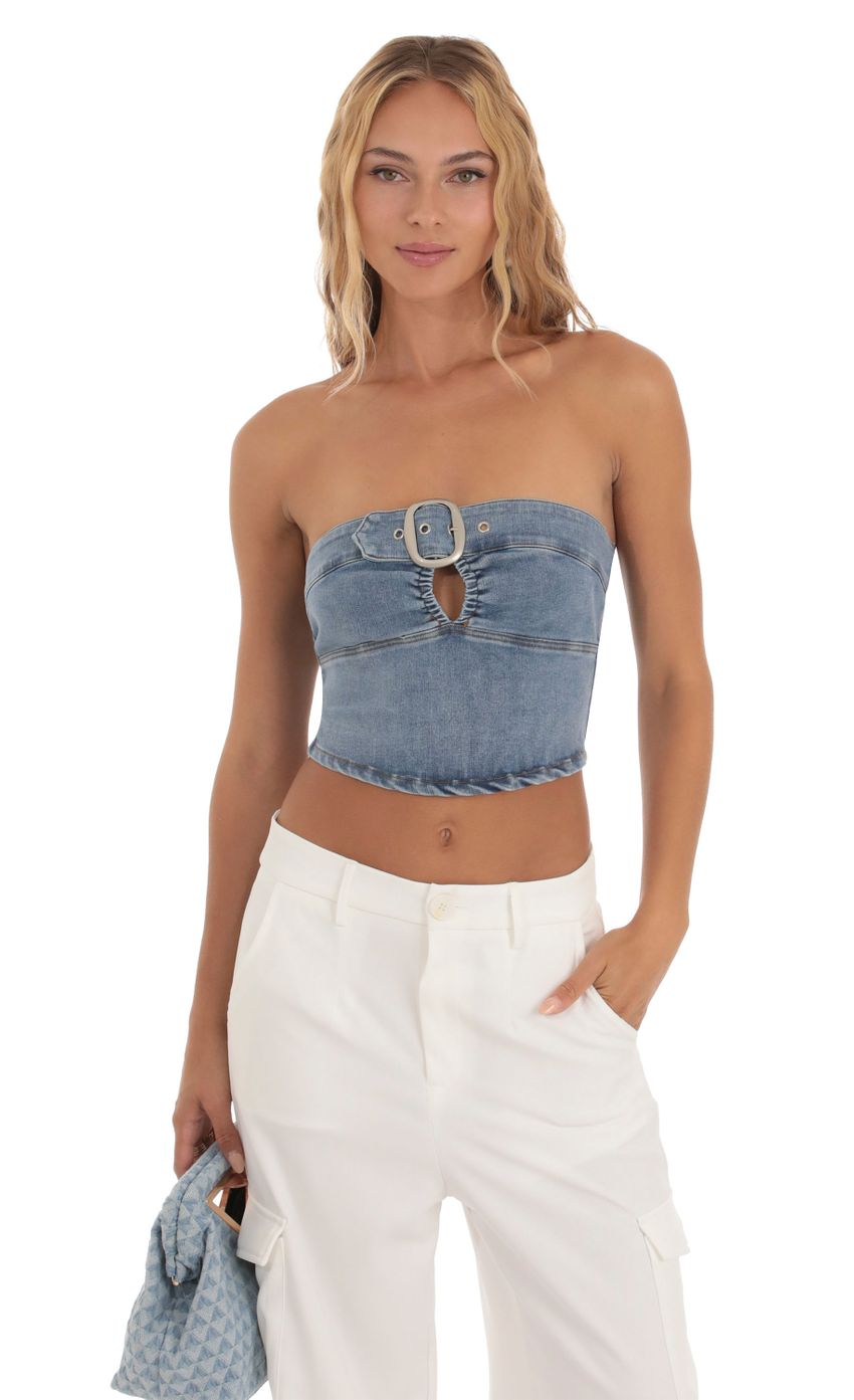 Evaki Strapless Buckle Top in Denim | LUCY IN THE SKY
