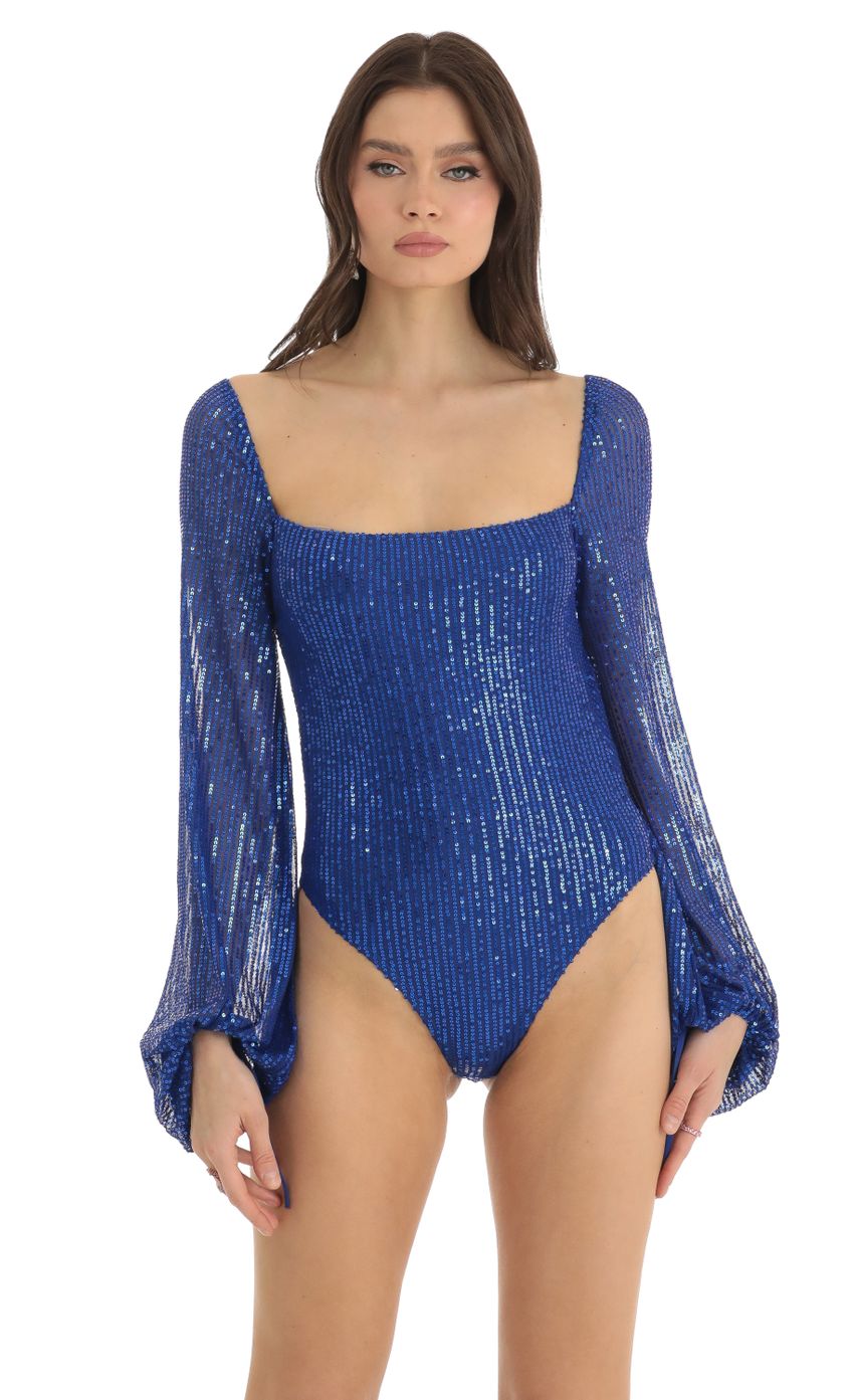 Amory Sequin Long Sleeve Bodysuit in Blue | LUCY IN THE SKY Amory Sequin Long Sleeve Bodysuit in Blue | LUCY IN THE SKY