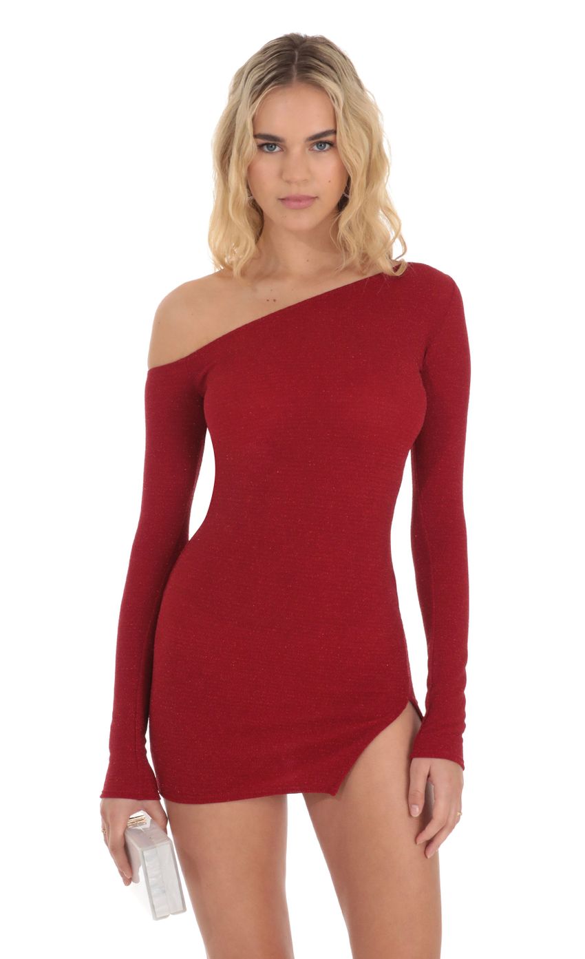 Shimmer One Off Shoulder Bodycon Dress in Red | LUCY IN THE SKY