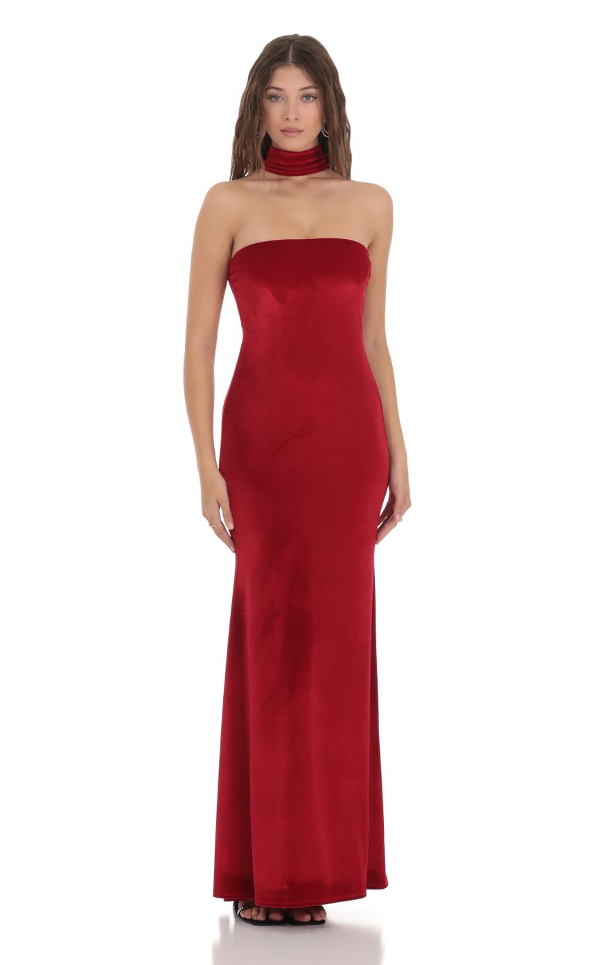 Velvet Reverse Halter Maxi Dress in Red | LUCY IN THE SKY