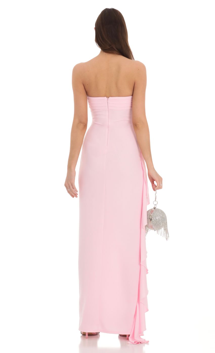 Strapless Ruched Ruffle Maxi Dress in Pink | LUCY IN THE SKY