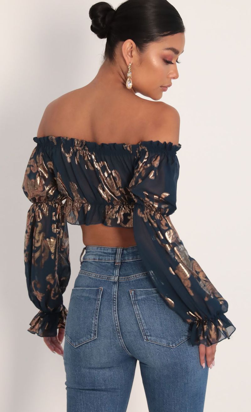 Wild Thoughts Off Shoulder Top In Navy Gold | Lucy in the Sky