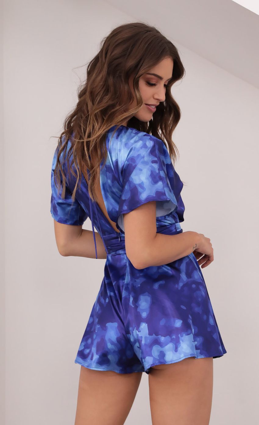 Feeling The Night Satin Romper in Abstract Shades of Blue | LUCY IN THE SKY
