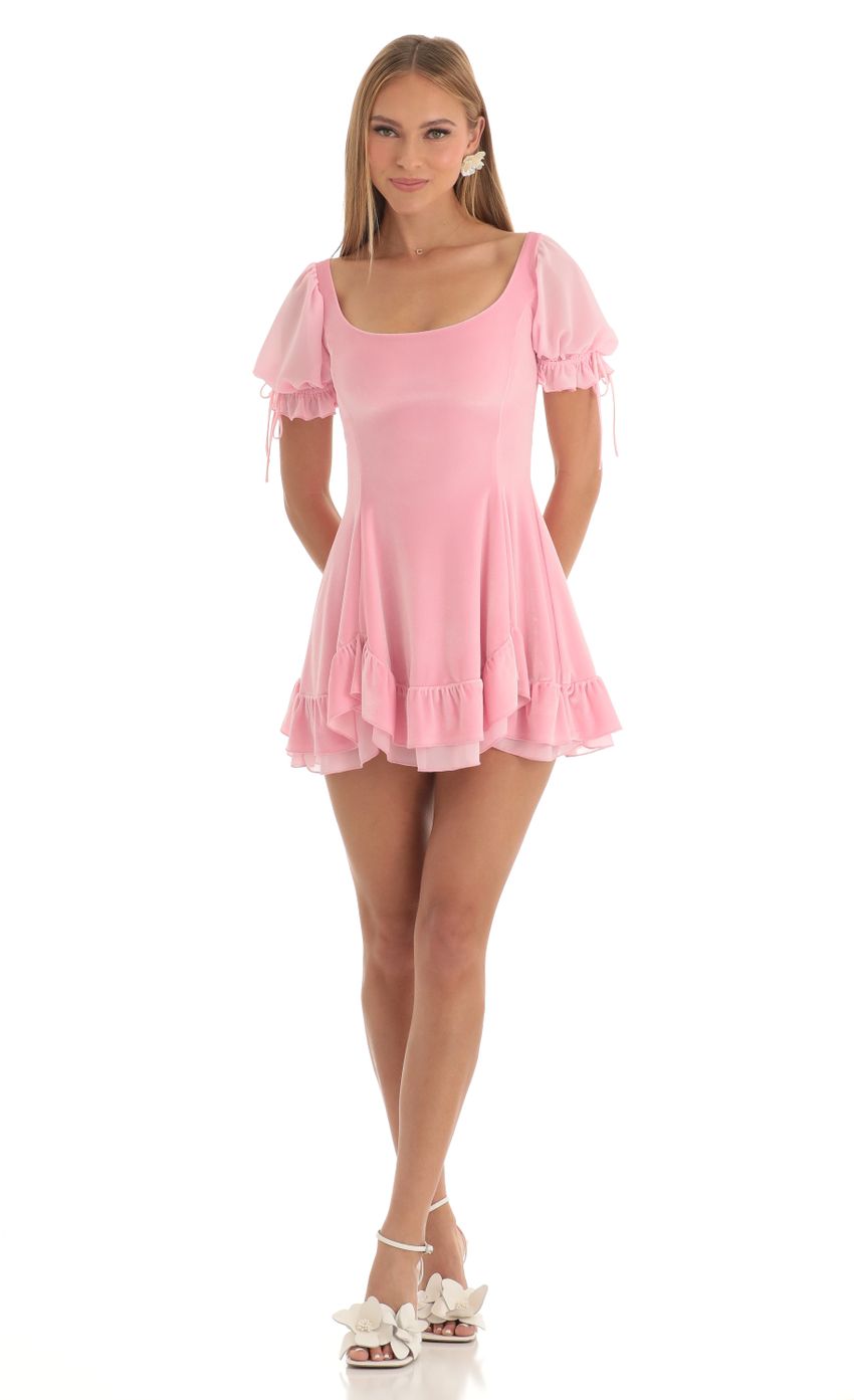 Roux Velvet Short Sleeve Fit and Flare Dress in Pink | LUCY IN THE SKY