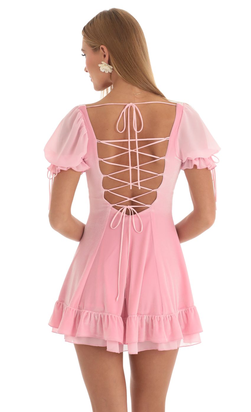 Roux Velvet Short Sleeve Fit and Flare Dress in Pink | LUCY IN THE SKY