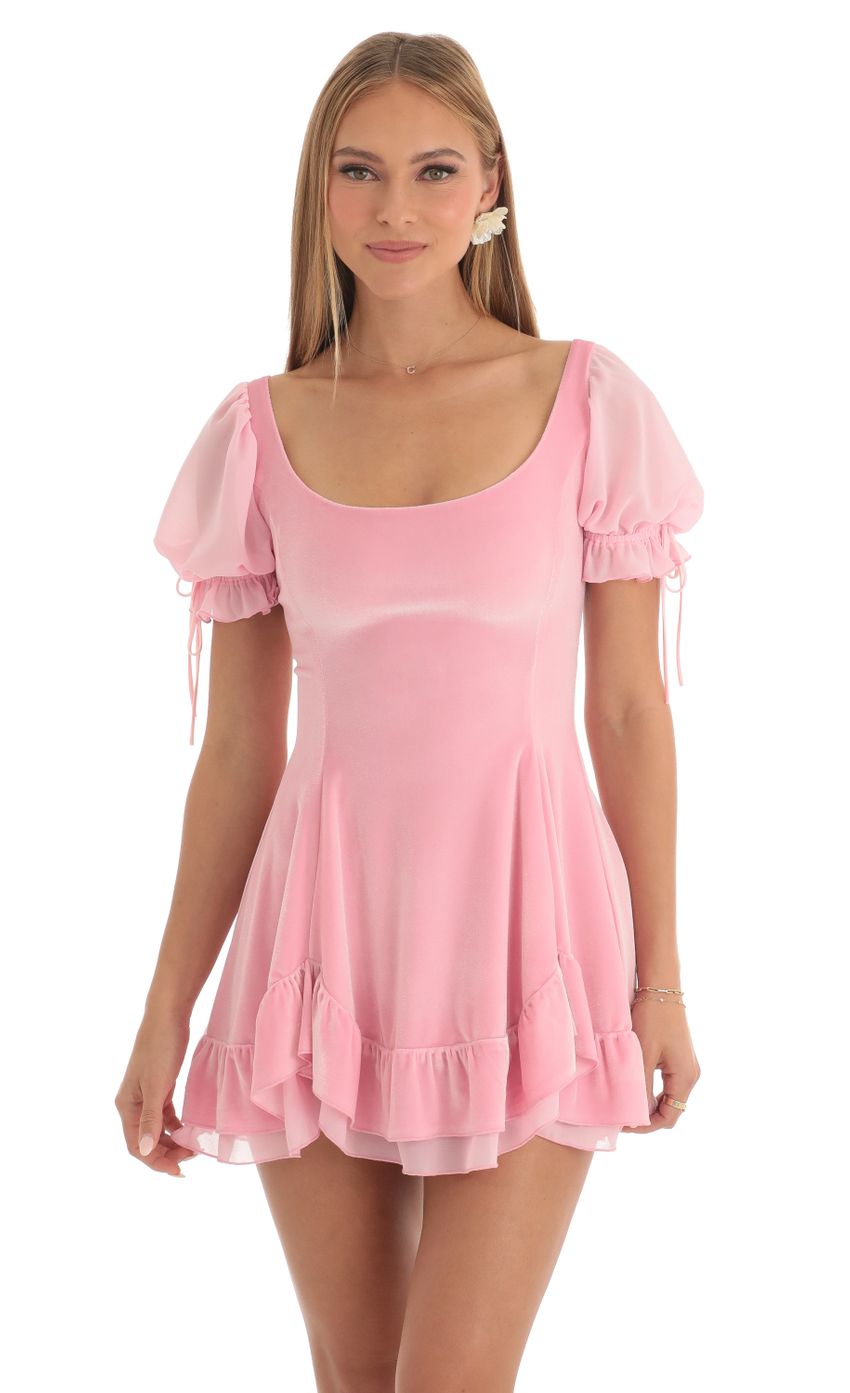 Roux Velvet Short Sleeve Fit and Flare Dress in Pink | LUCY IN THE SKY